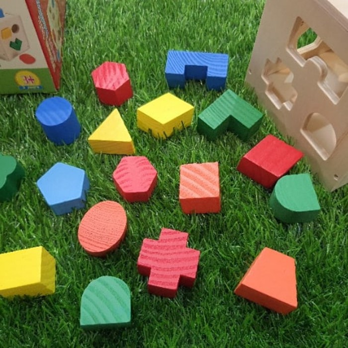 Wooden 15 Holes Square Box with Different Shapes and Blocks Sorter Puzzle