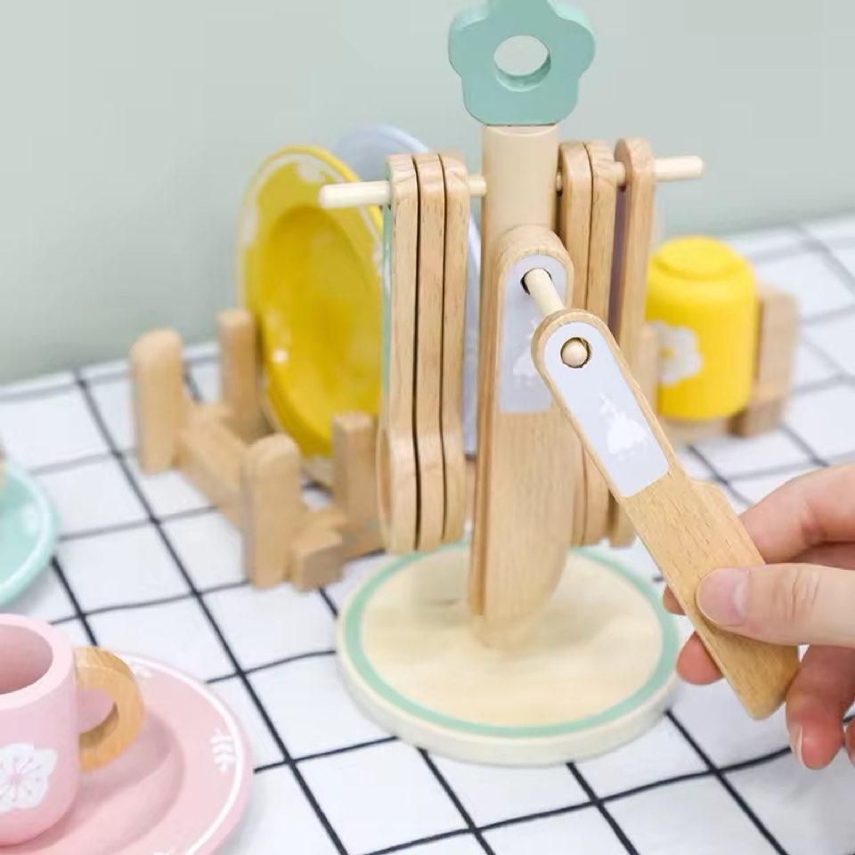 ToyArtsy Wooden Kitchen Dinnerware Set for Kids Complete Playset with ...