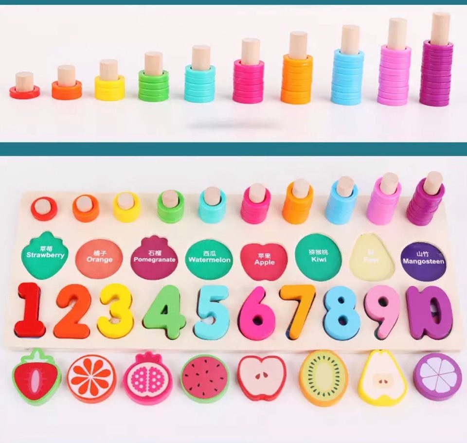Wooden Rainbow fruit logarithmic board, learn numbers, fruits, counting ...