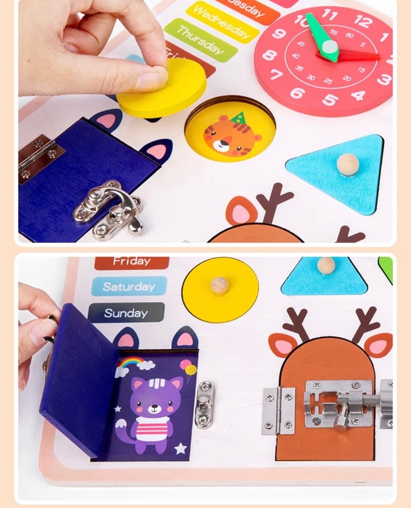 Wooden Busy Lock Board | Teaching clock toy kids | ToyArtsy