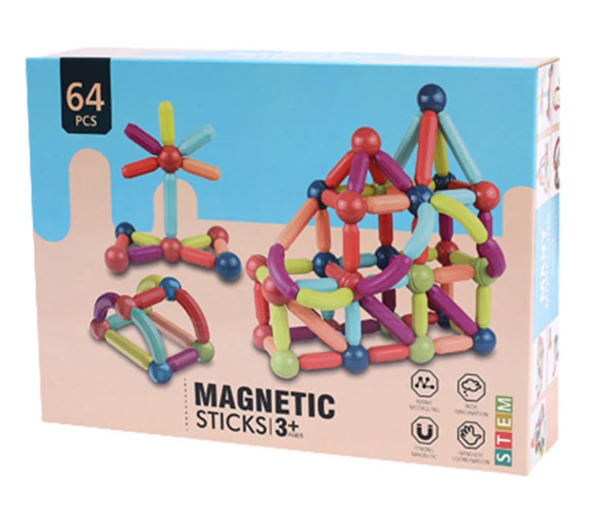 TOYARTSY Colourful Magnetic Building Sticks Toy 64 Pieces STEM ...