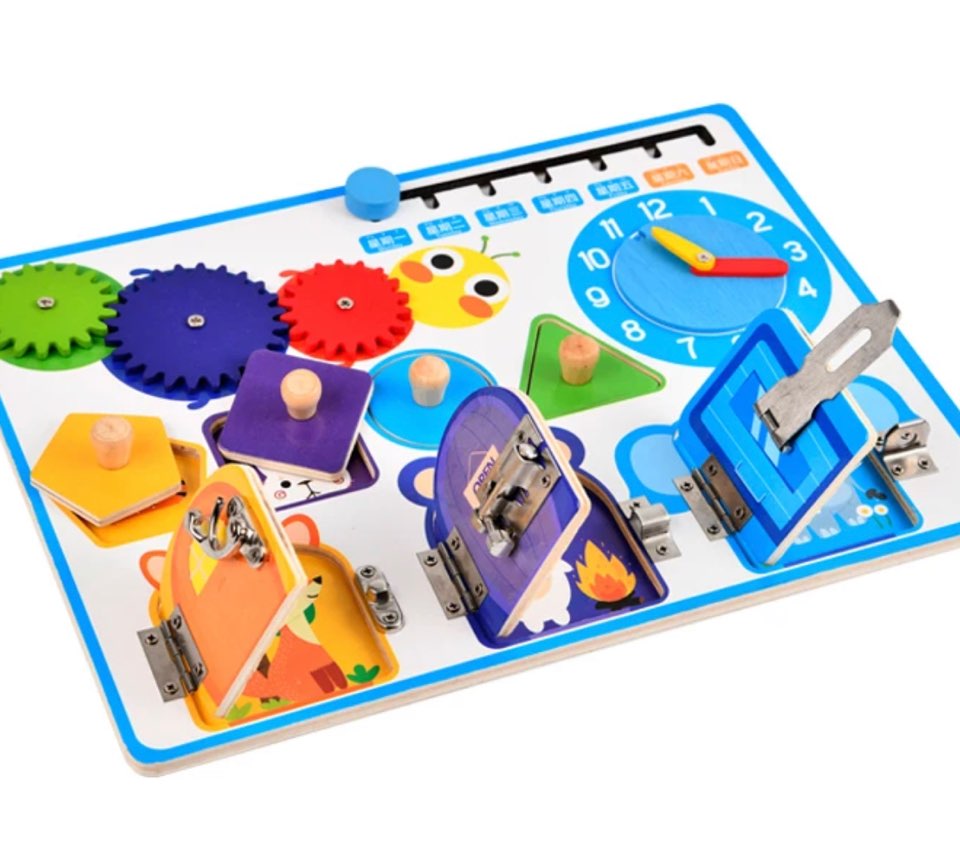 Wooden Busy Board | teaching clock, shapes, fidget toy - ToyArtsy