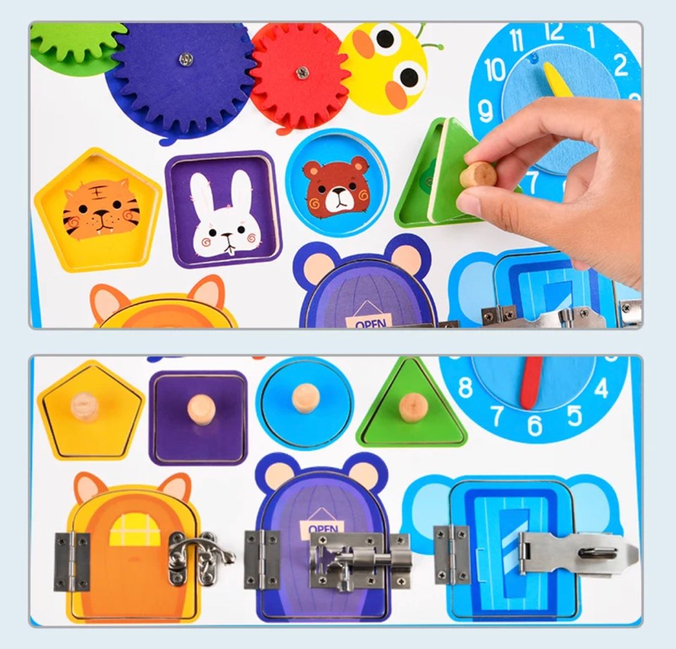 Wooden Busy Board | teaching clock, shapes, fidget toy - ToyArtsy