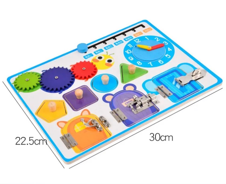 Wooden Busy Board | teaching clock, shapes, fidget toy - ToyArtsy